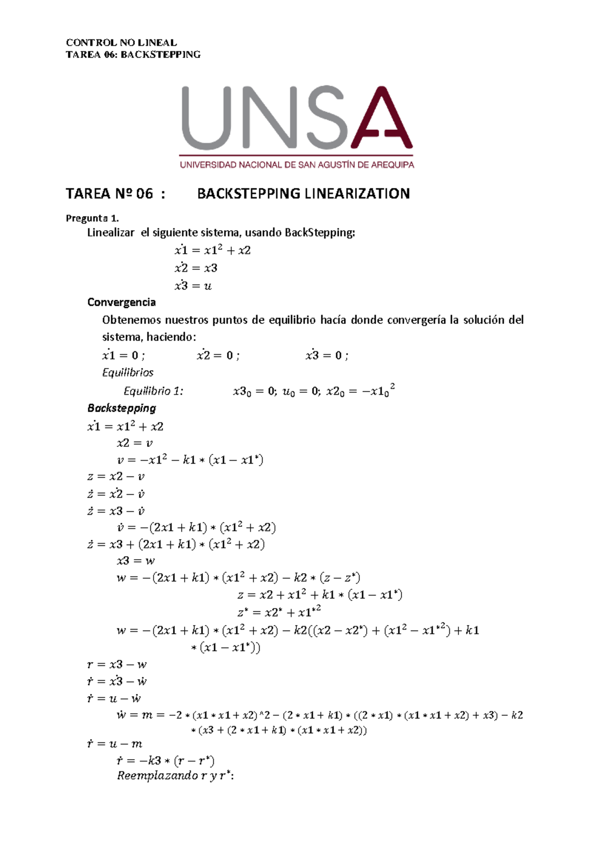 Compenio Ejercicio DE Backstepping - TAREA 06: BACKSTEPPING TAREA Nº 06 : BACKSTEPPING ...