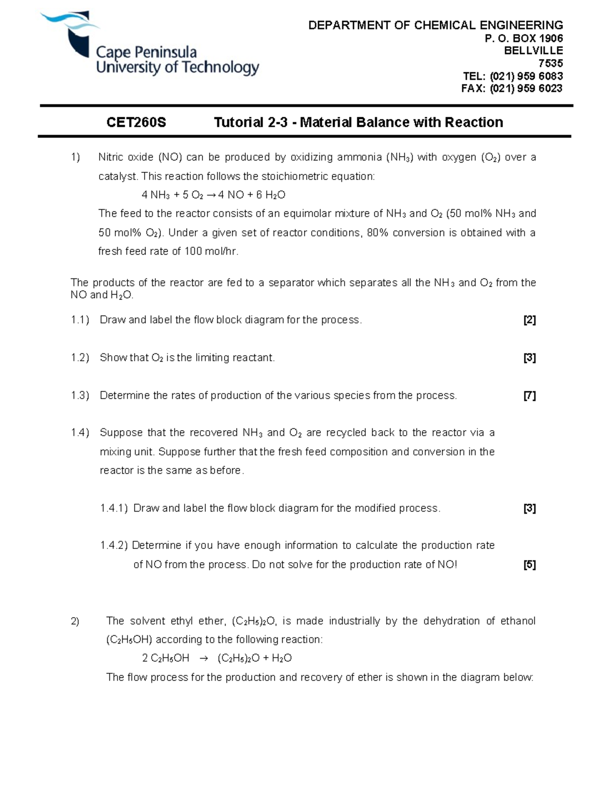 CET 260Stutorial 2-3 - 2022 - CET260S Tutorial 2-3 - Material Balance ...