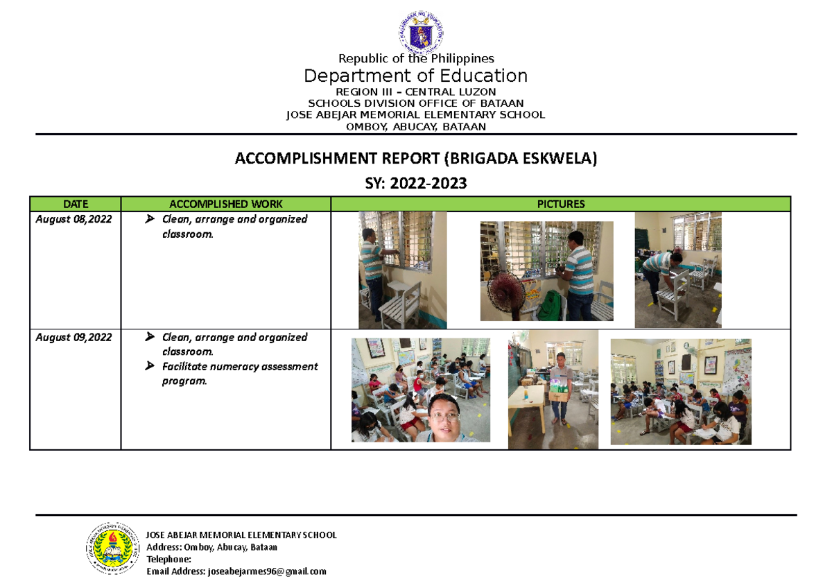Accomplishment report Brigada Eskwela - Department of Education REGION ...