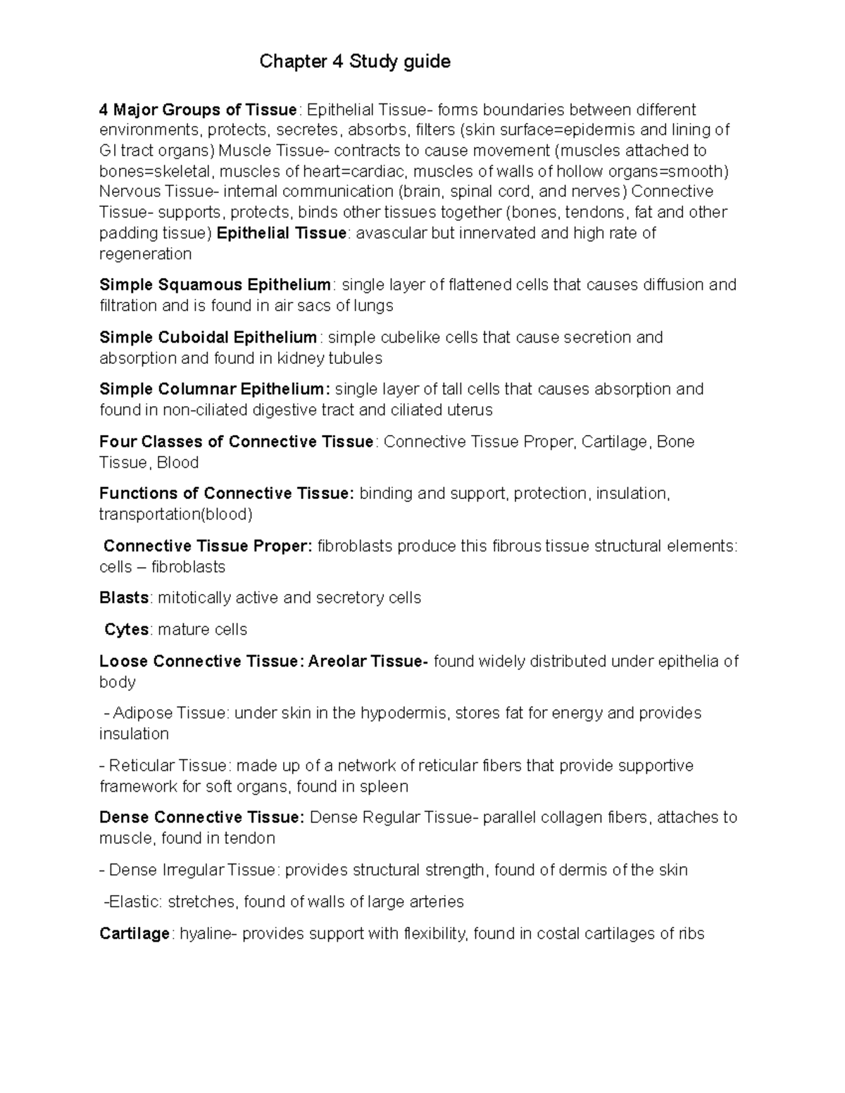 AP ch 4 - Study guide - Chapter 4 Study guide 4 Major Groups of Tissue ...