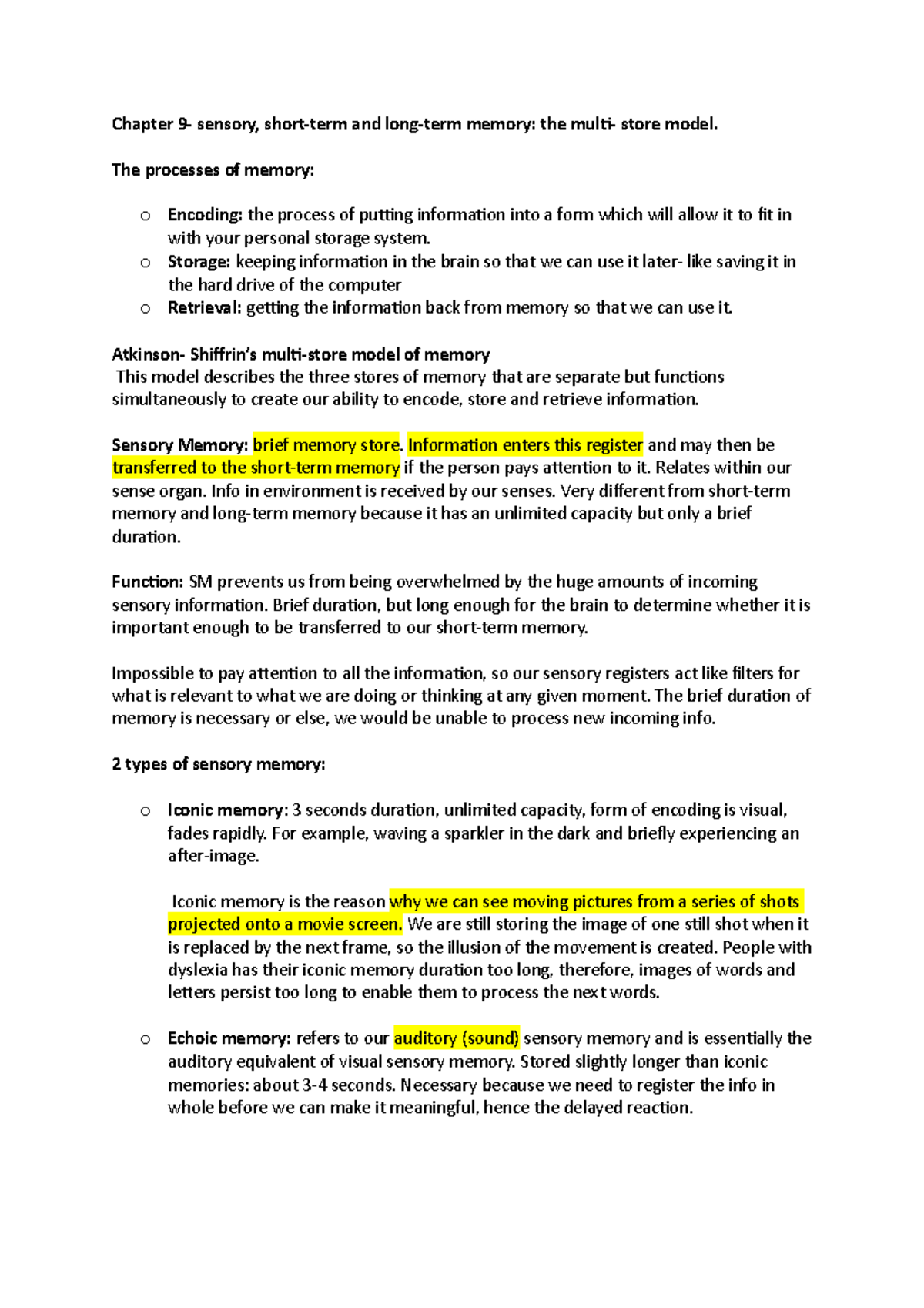 Psychology Notes on Memory - Studocu