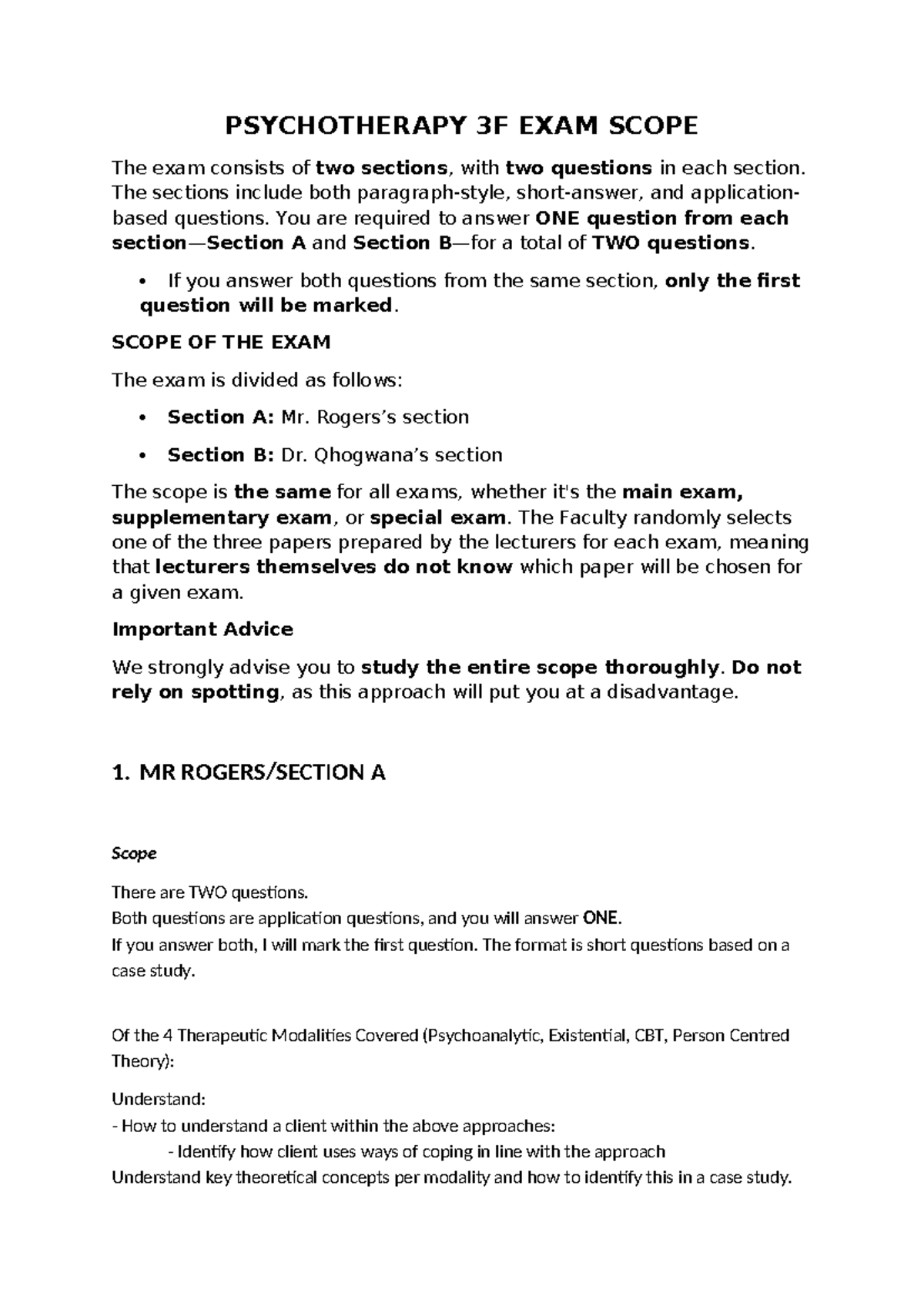 Exam Scope - PSYCHOTHERAPY 3F EXAM SCOPE The exam consists of two ...