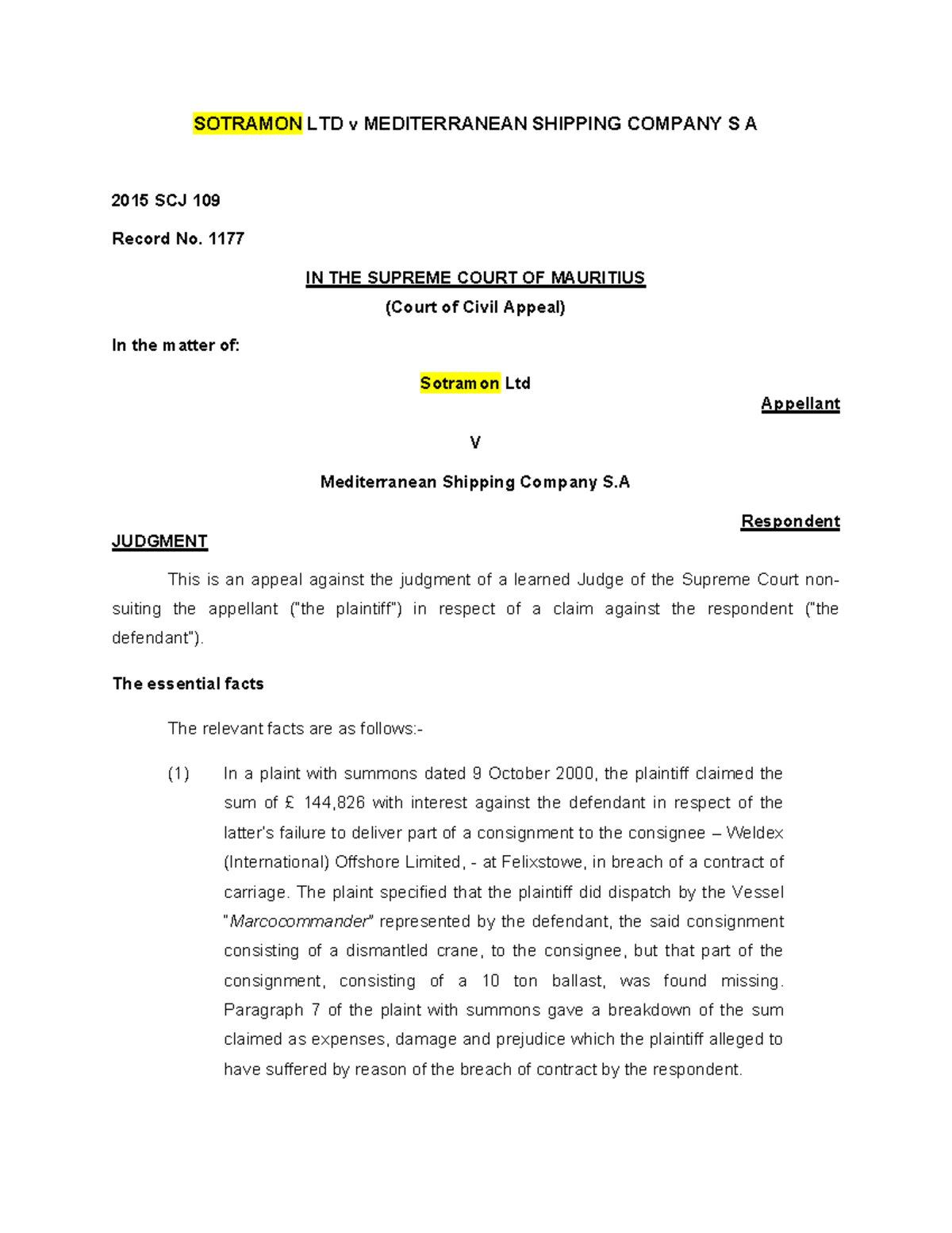 Sotramon LTD V Mediterranean Shipping Company S A 2015 SCJ 109 ...