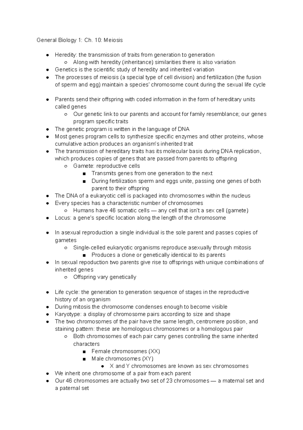General Biology 1 Ch. 10 Meiosis - General Biology 1: Ch. 10: Meiosis ...