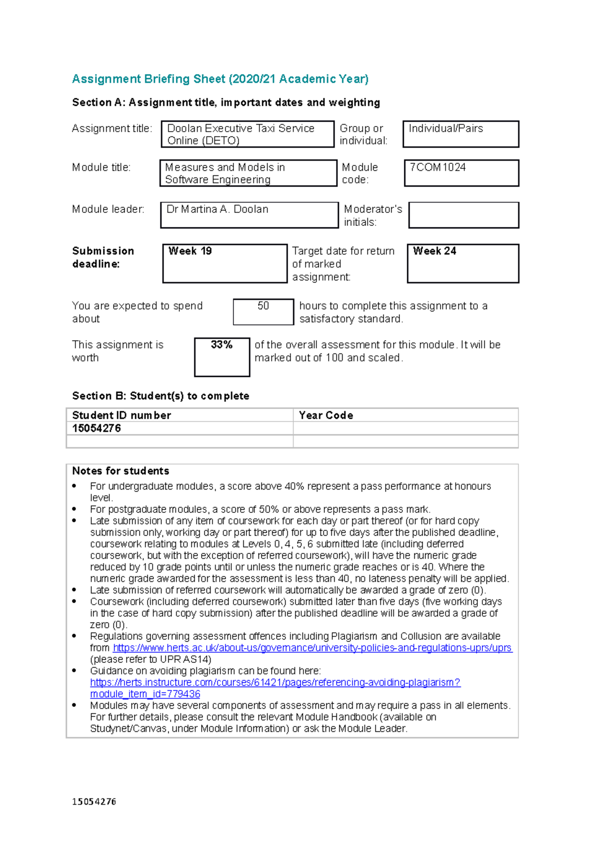 7COM1024 CW1 15054276 (1) - Assignment Briefing Sheet (2020/21 Academic ...