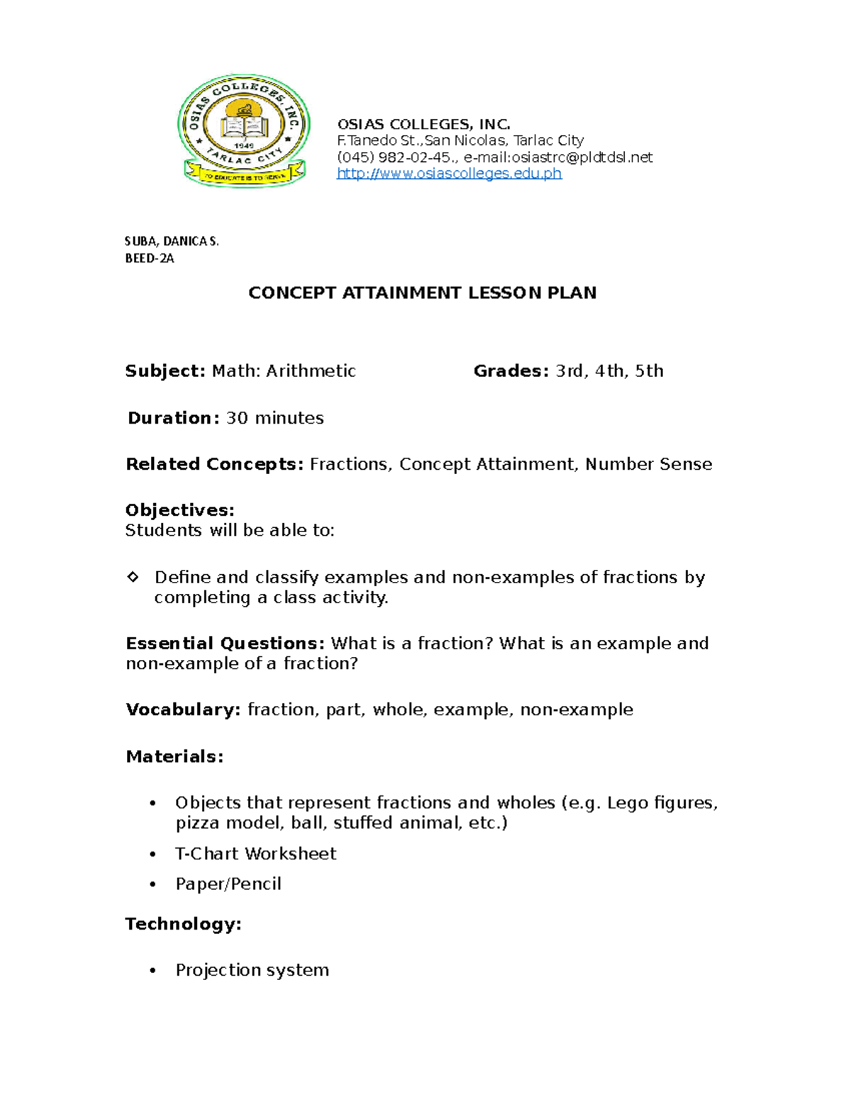 Danica - Lesson Plan - OSIAS COLLEGES, INC. F St.,San Nicolas, Tarlac ...