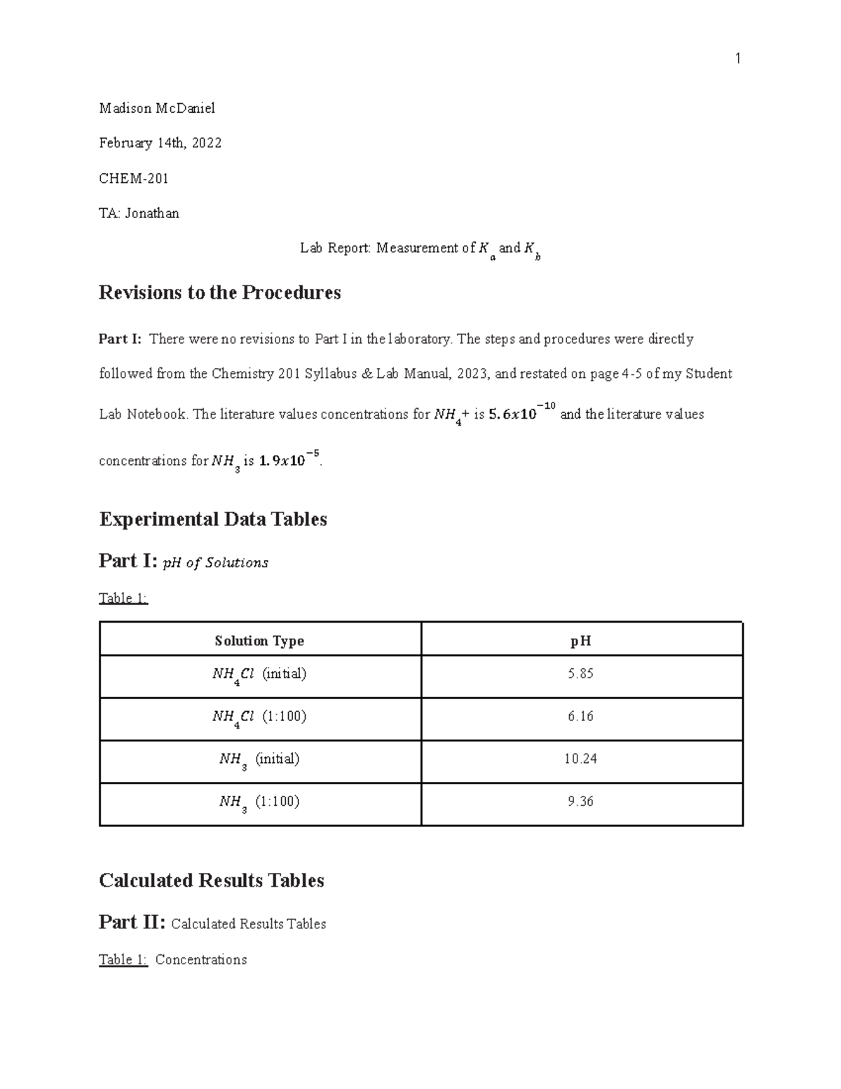 Lab Report Mesurement of Ka and Kb - 1 Madison McDaniel February 14th ...