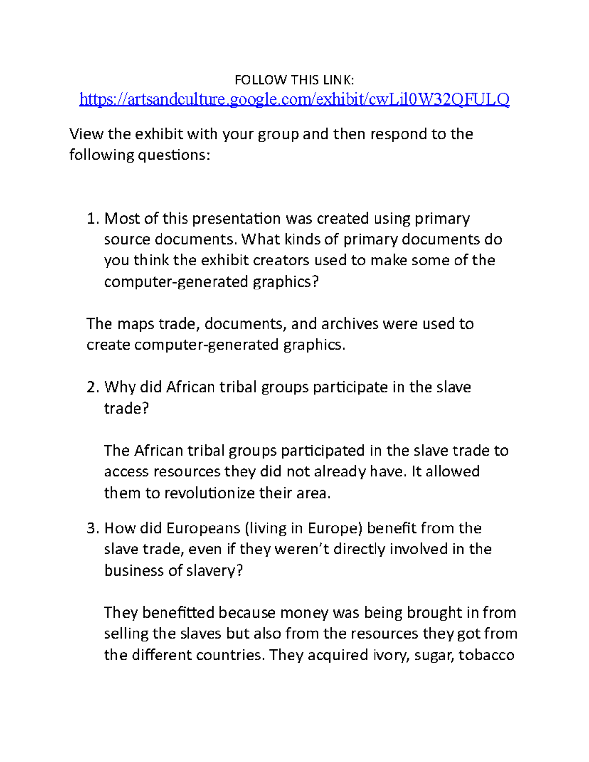 Slavery Primary Source Questions - FOLLOW THIS LINK: artsandculture ...