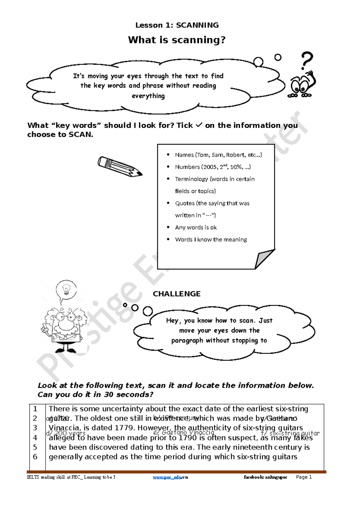 Lesson 1 - Lesson 1: SCANNING What is scanning? What “key words” should ...