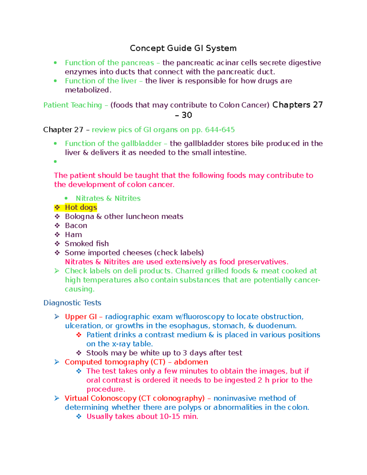 Med Surg 2 Study Guide - Concept Guide GI System Function of the ...