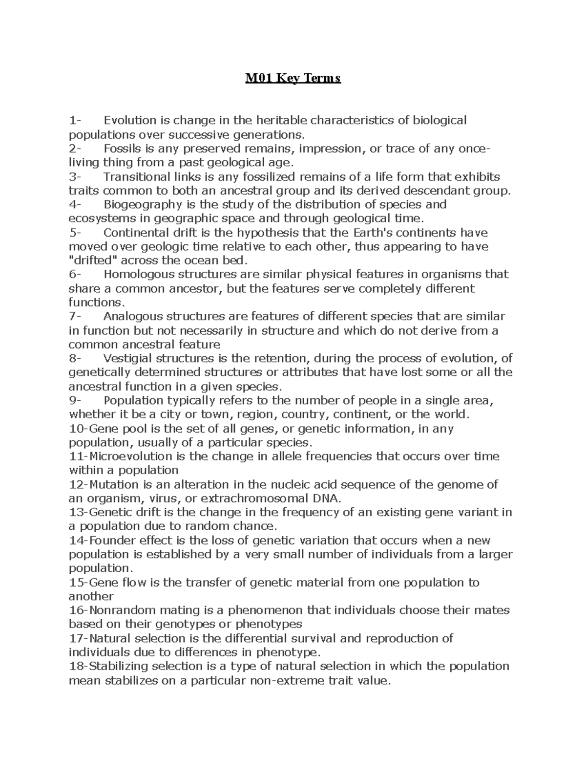M01 Key Terms - M01 Key Terms 1- Evolution is change in the heritable ...