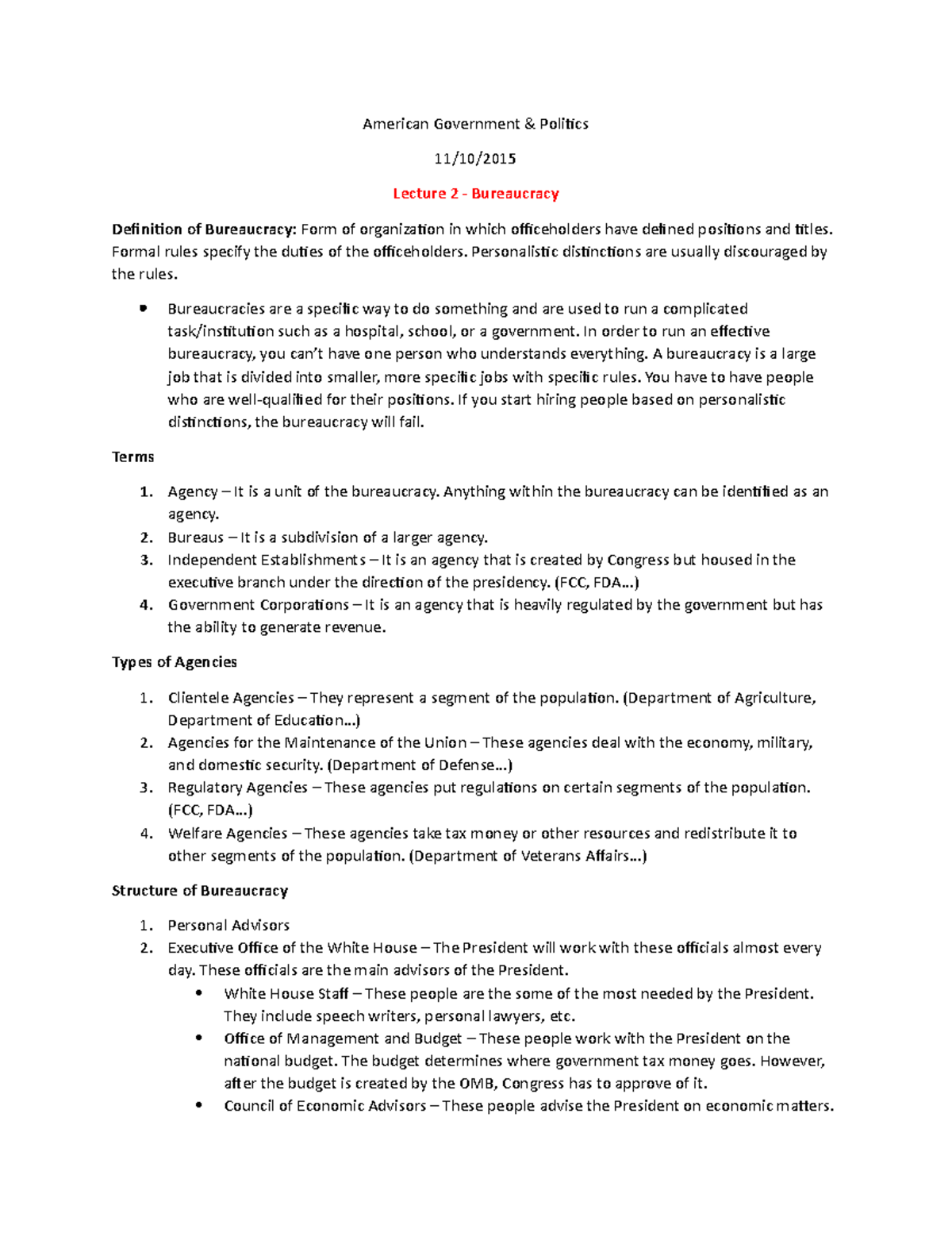 Bureaucracy Lecture - American Government Politics Lecture 2 ...