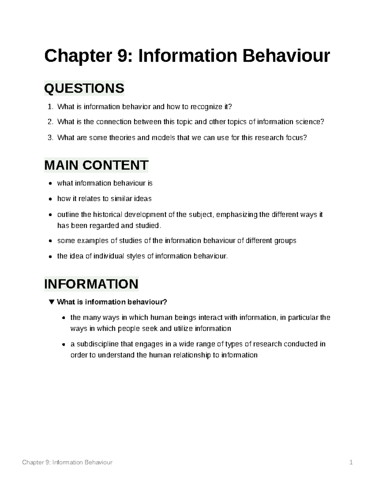 Chapter 9 Information Behaviour - Chapter 9: Information Behaviour QUESTIONS What is information ...