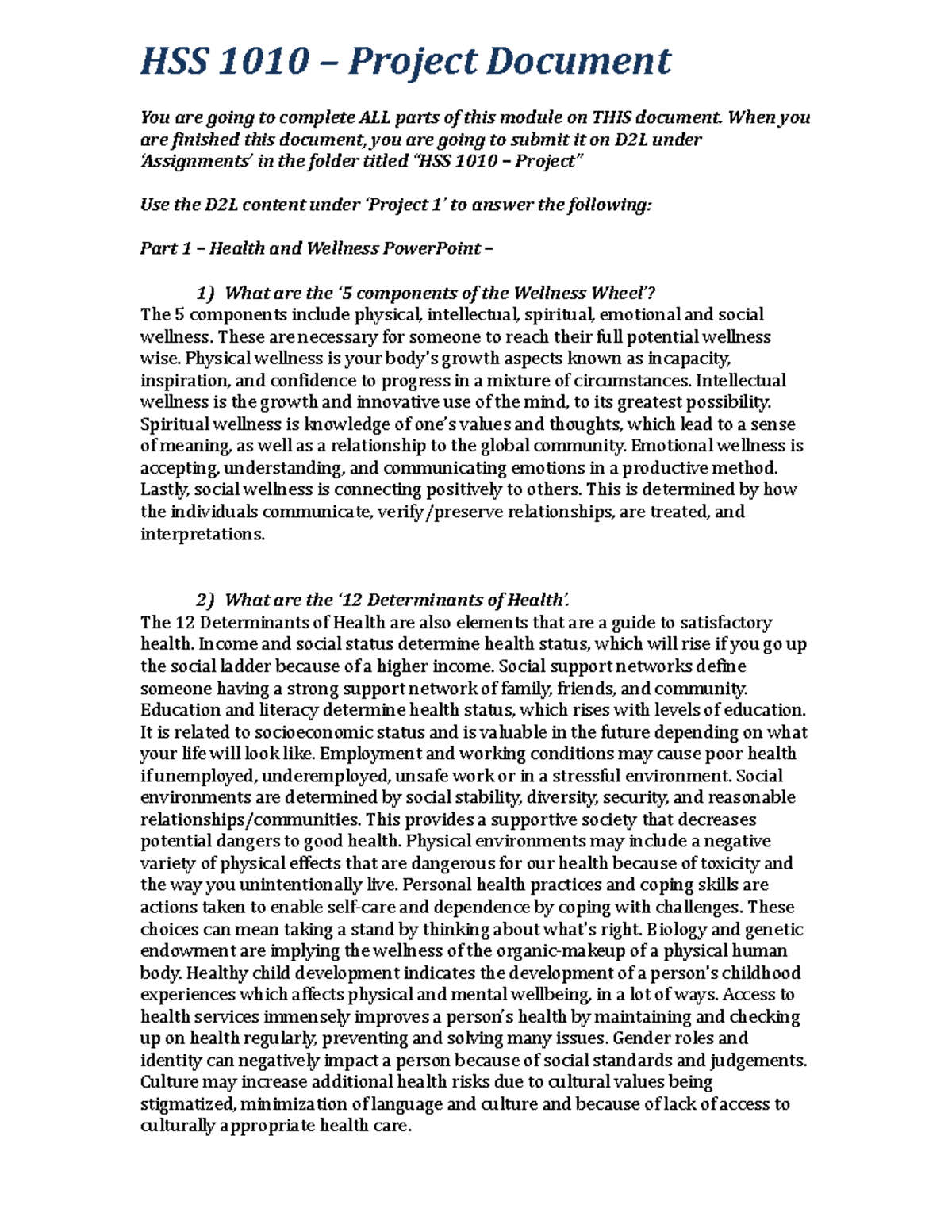 HSS 1010 - Health & Wellness - HSS 1010 – Project Document You are ...