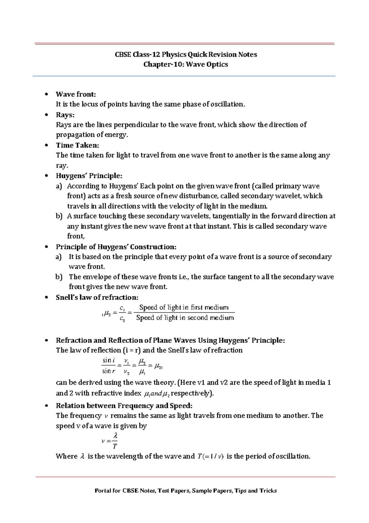 12 physics notes ch10 wave optics - CBSE Class-12 Physics Quick ...