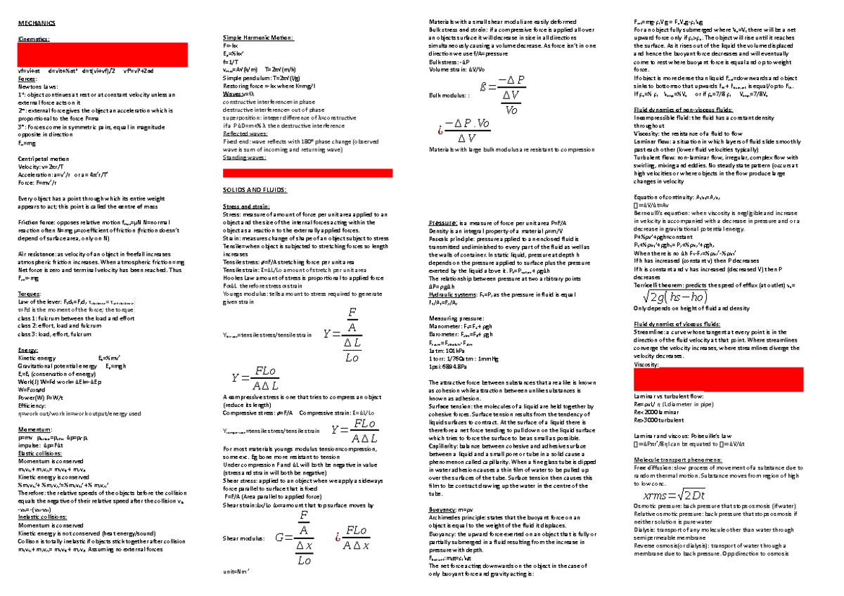 Cheat sheet for PHSI191 mid semester progress test - MECHANICS ...
