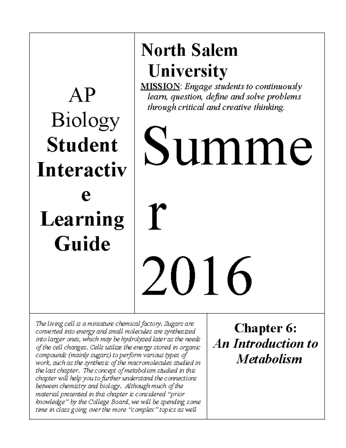 Ch - And yeah - AP Biology Student Interactiv e Learning Guide North ...