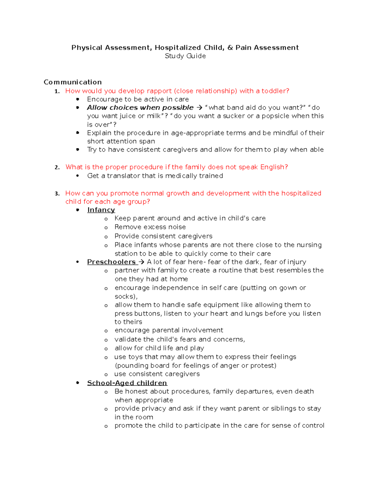 Child Health Assessment Pain and Hospitalized Child Study Guide ...