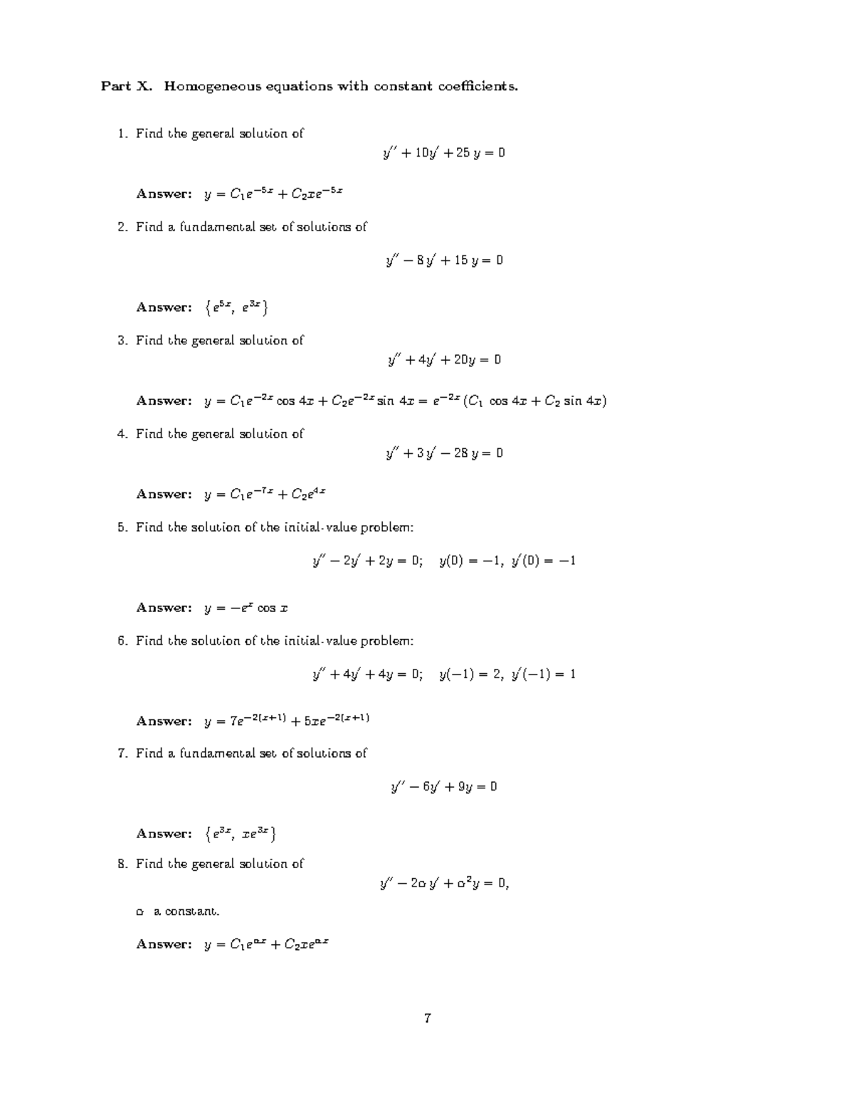 Exam1 - Practice questions. - Part X. Homogeneous equations with constant coefficients. Find the ...