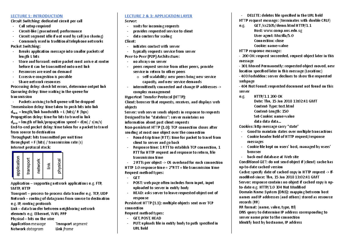 CS2105 Cheatsheet - LECTURE 1: INTRODUCTION Circuit Switching: dedicated circuit per call - Call ...