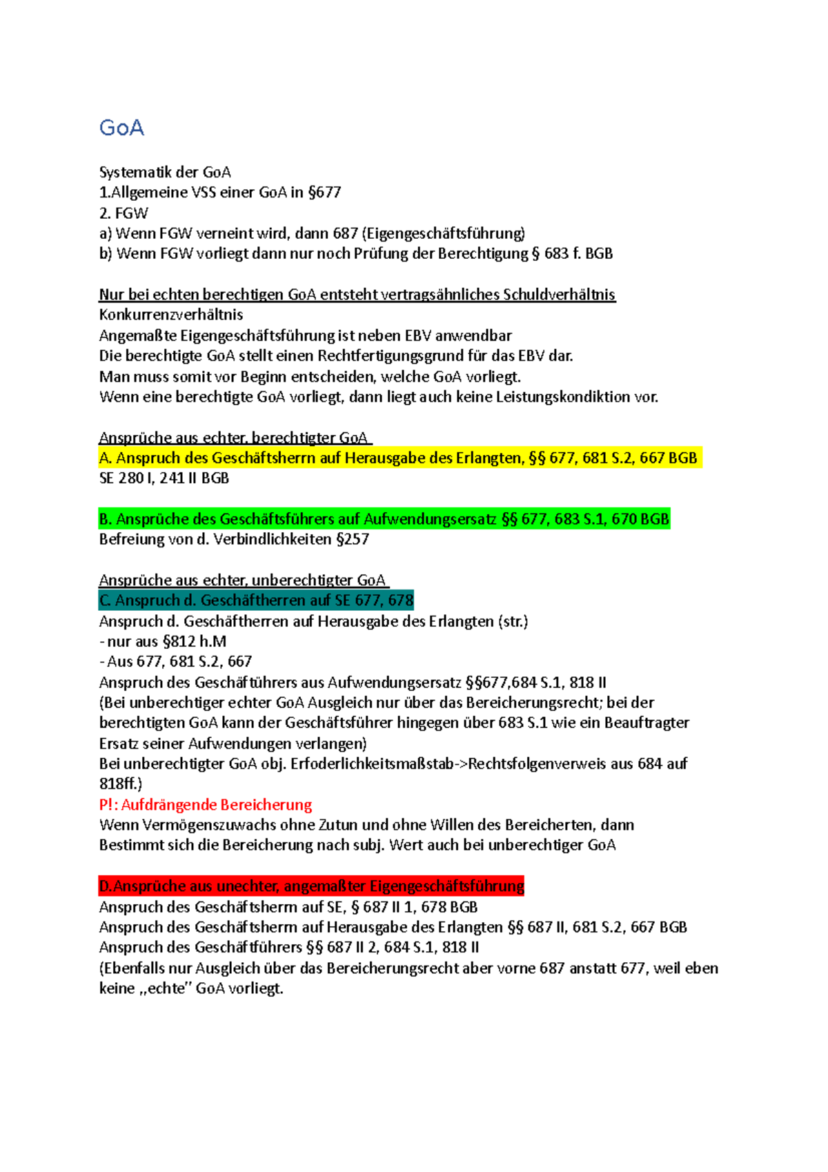 Schemas für Bereicherungsrecht und GoA - GoA Systematik der GoA 1 VSS ...