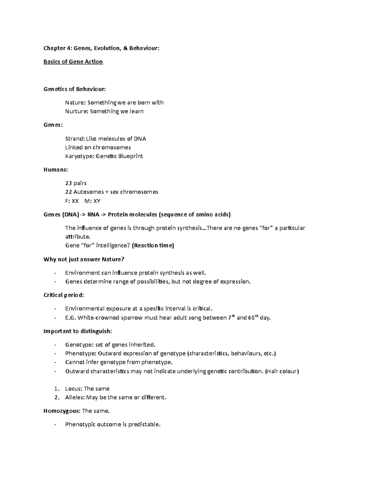Chapter 4 notes - Chapter 4: Genes, Evolution, & Behaviour: Basics of ...