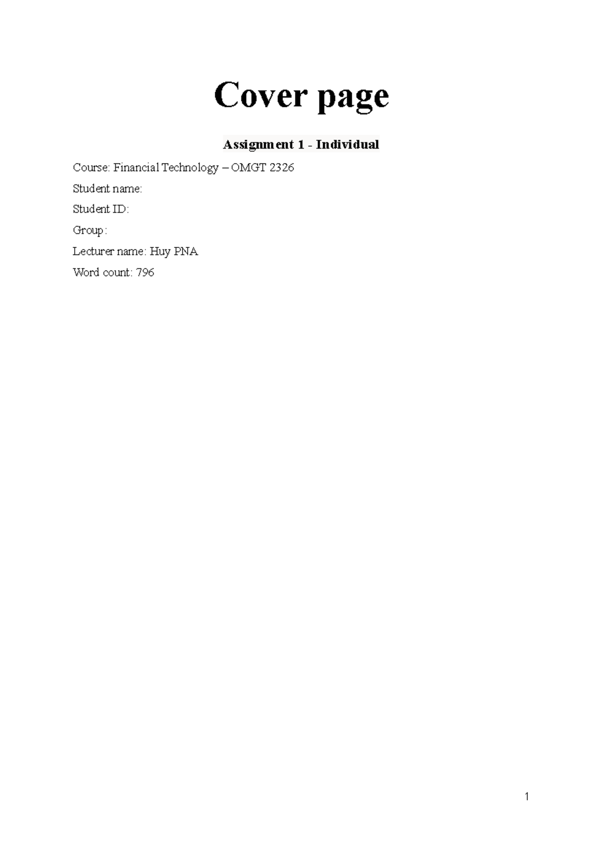 Fintech Assignment 1 HD OMGT2326 16 - Cover page Assignment 1 ...