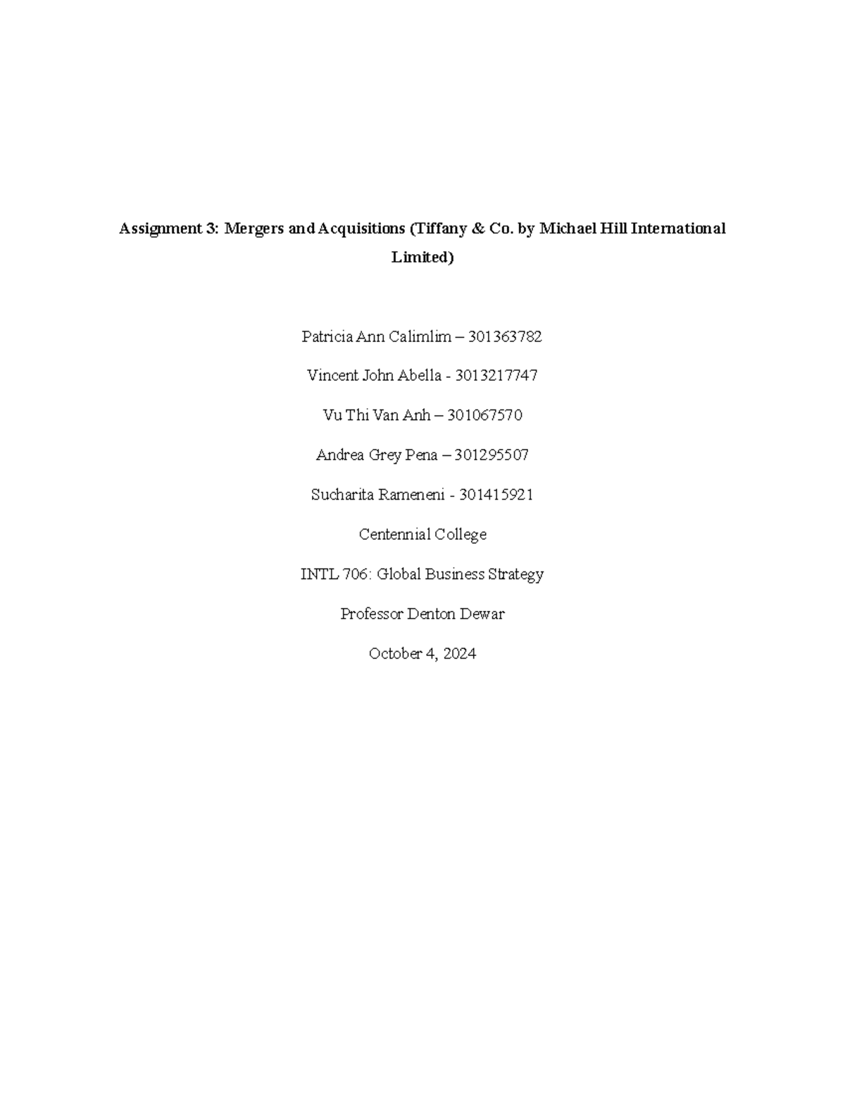 Assignment 3 - Global Business Strategy - Assignment 3: Mergers and Acquisitions (Tiffany & Co ...