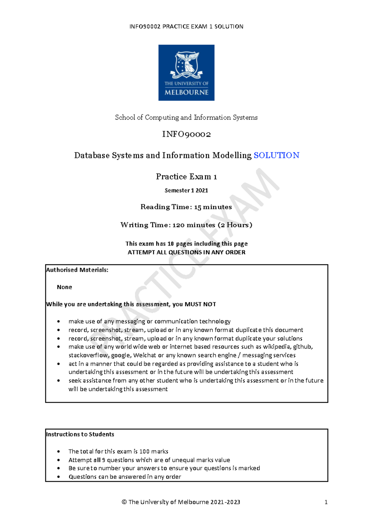 INFO90002 Sample Exam 1 Solutions - INFO90002 PRACTICE EXAM 1 SOLUTION School of Computing and ...