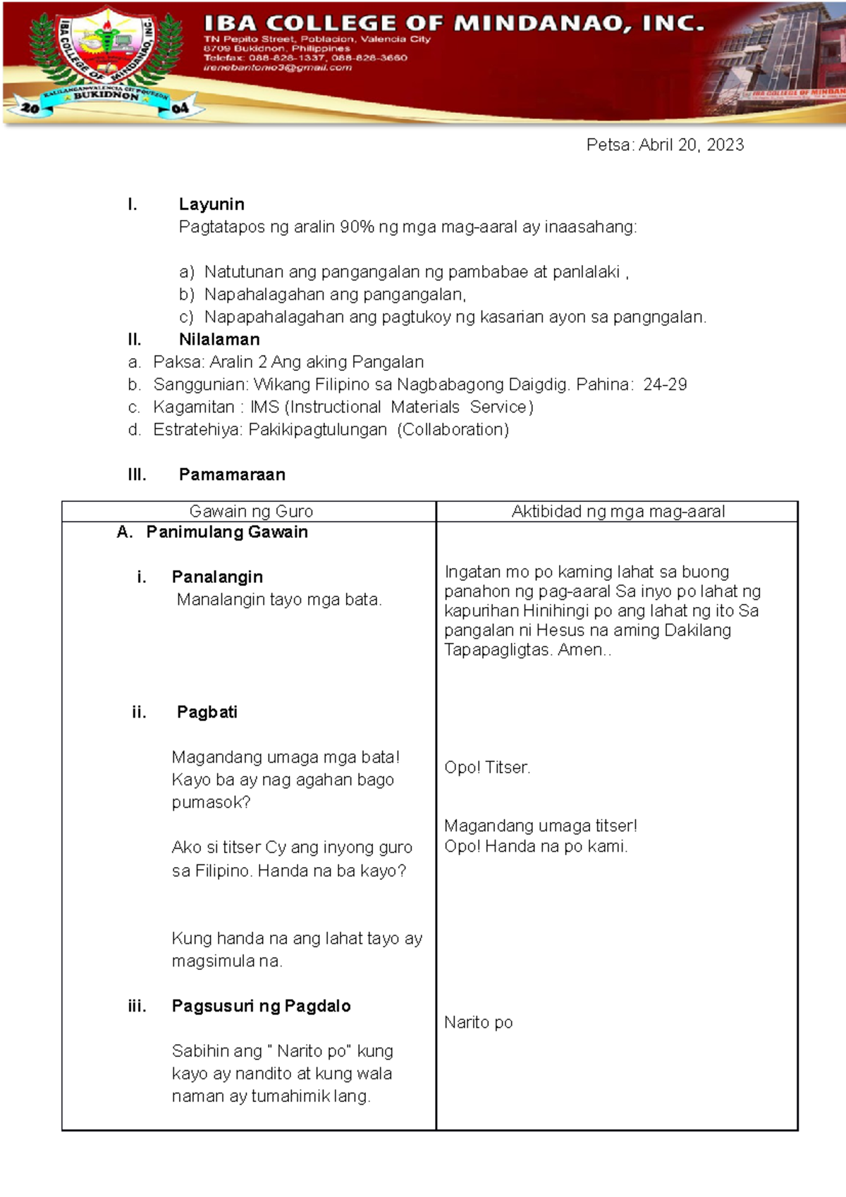 Lesson PLan in Filipino (Kasaysayan-5) Cyrille - Petsa: Abril 20, 2023 ...