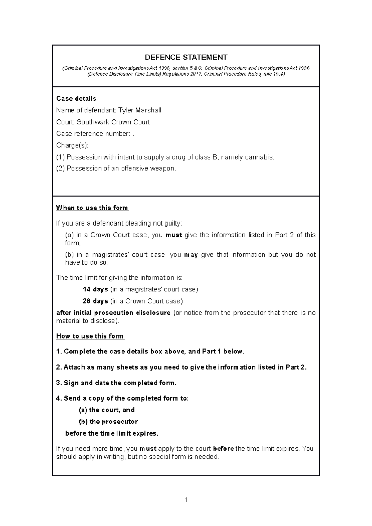 Defence Statement Form â Marshall - DEFENCE STATEMENT (Criminal ...