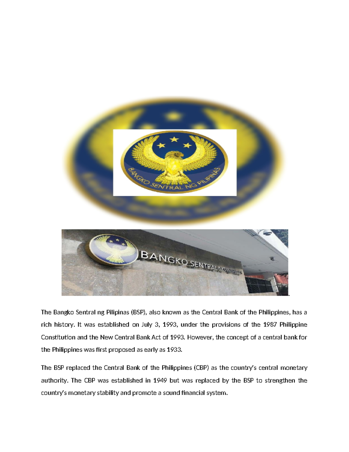 Ranz6 - Assignment for historical of BSP - . The Bangko Sentral ng ...
