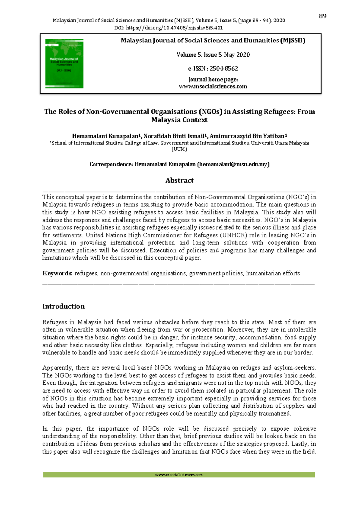 The Roles of NGOs in Assisting Refugees - Malaysian Journal of Social ...