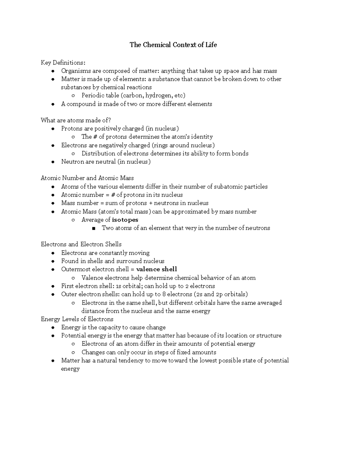 Chapter 2 The Chemical Context of Life - The Chemical Context of Life Key Definitions: Organisms ...