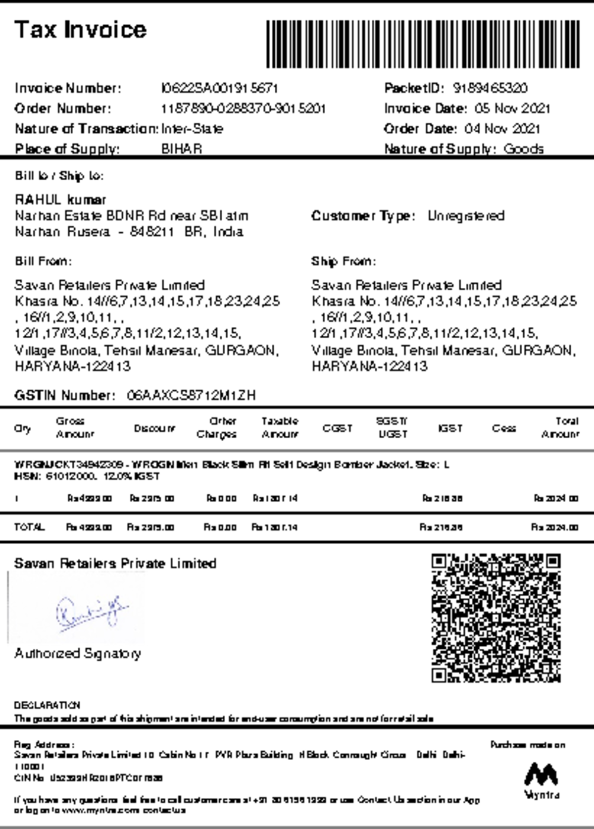 9189465320 - Tax Invoice Invoice Number: I0622SA001915671 PacketID ...