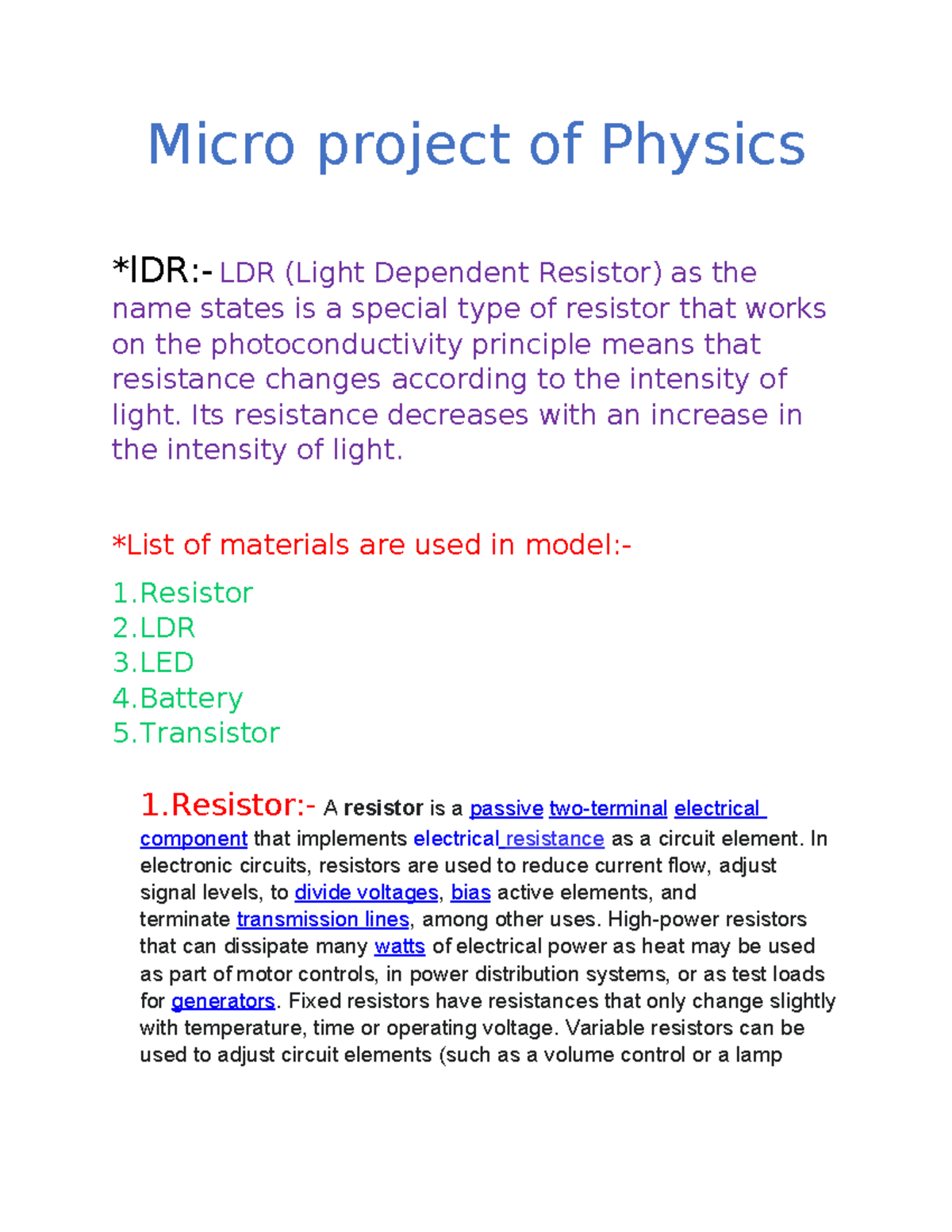 Micro project of Physics - Micro project of Physics *lDR:- LDR (Light ...