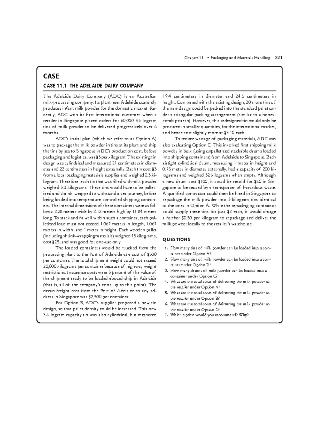 Chapter 11 Case - difficult - 221 CASE CASE 11 THE ADELAIDE DAIRY ...