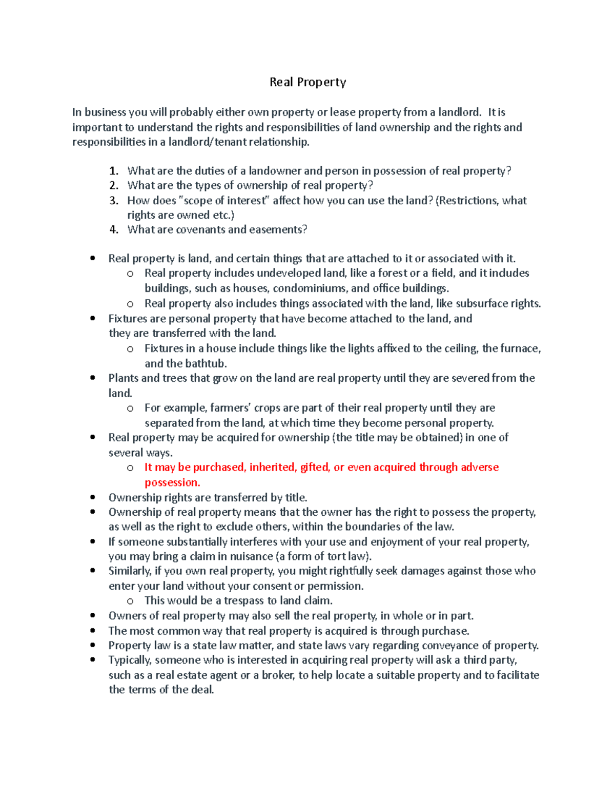 Real Property - Lecture notes 5 - Real Property In business you will ...