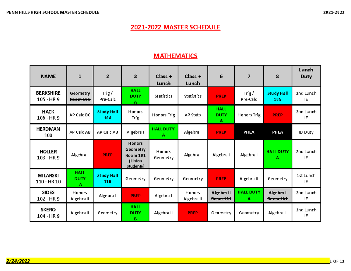 Master Schedule 21-22 - kkk - 2021-2022 MASTER SCHEDULE MATHEMATICS ...