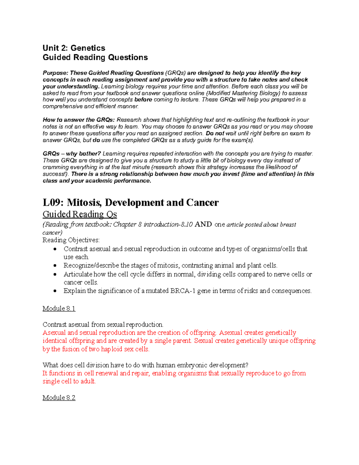Lesson 9 GRQs Mitosis, Development, and Cancer - Unit 2: Genetics ...