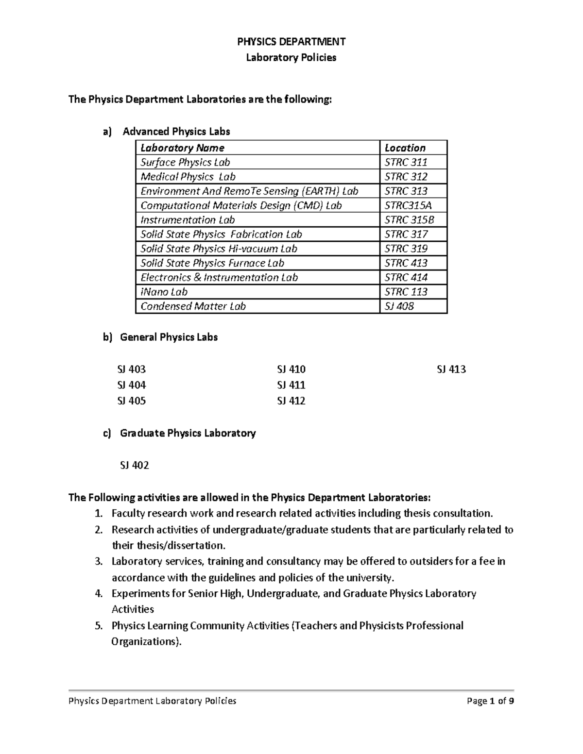 Laboratory procedure policies guidelines - Laboratory Policies The ...