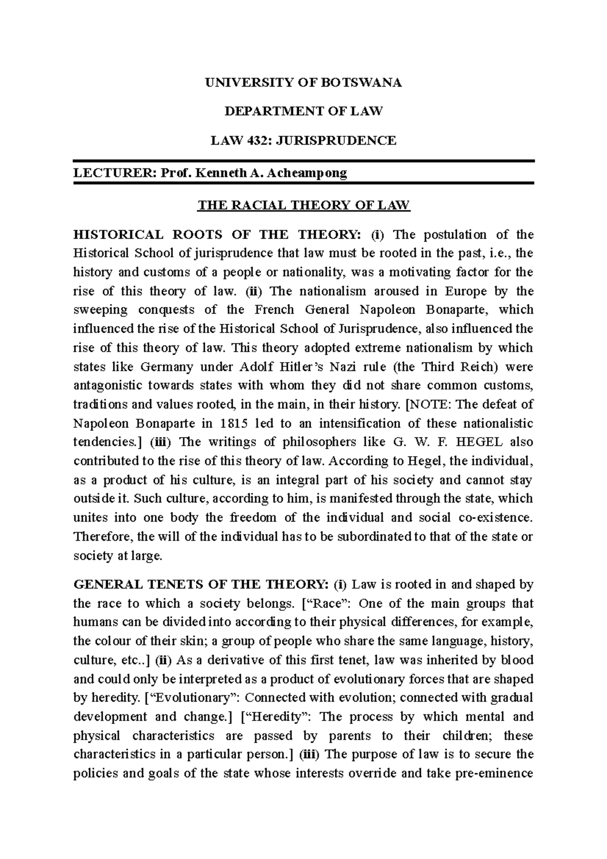 Juris Racial Theory - 4th yr llb - UNIVERSITY OF BOTSWANA DEPARTMENT OF ...
