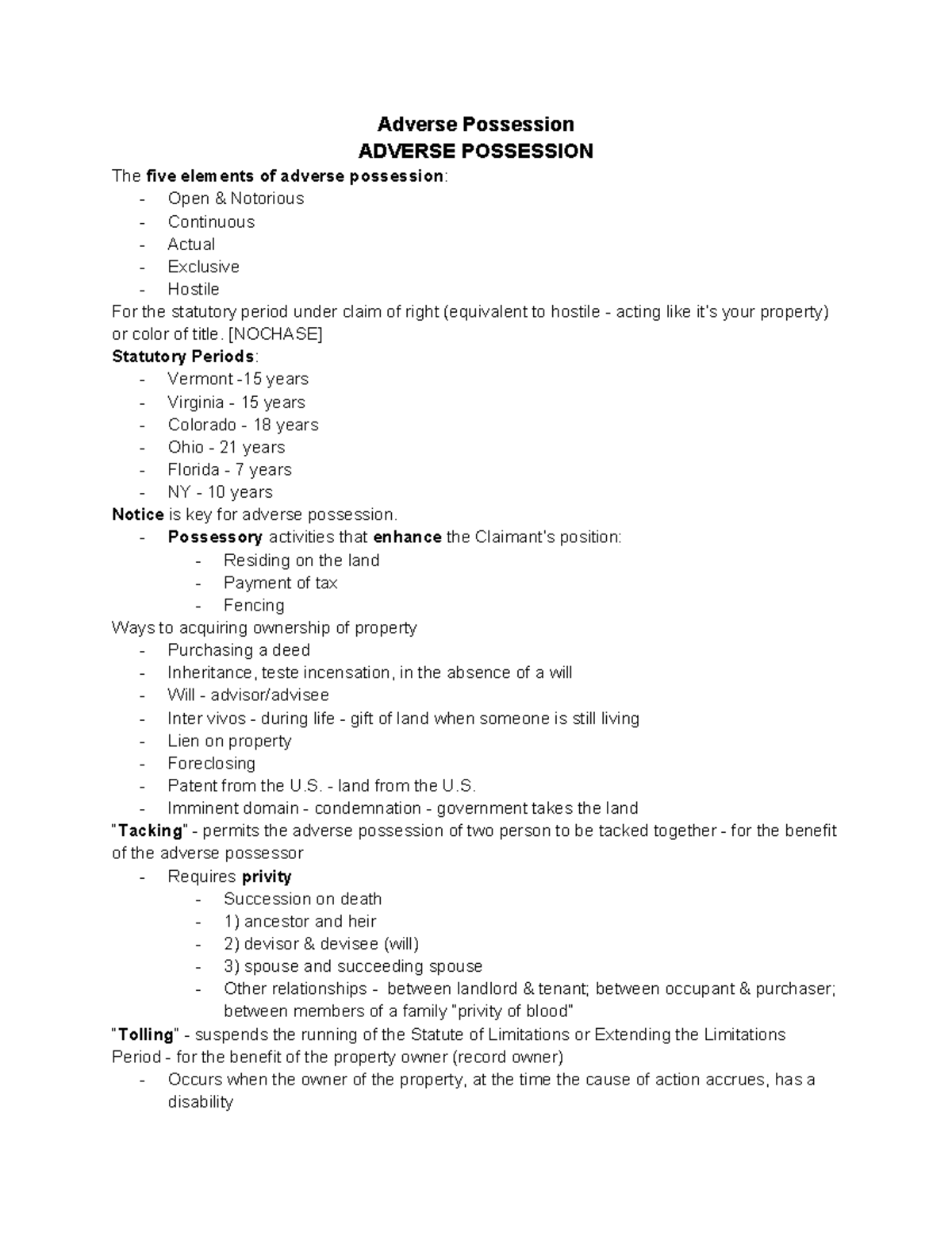 Property Outline - Adverse Possession ADVERSE POSSESSION The five ...