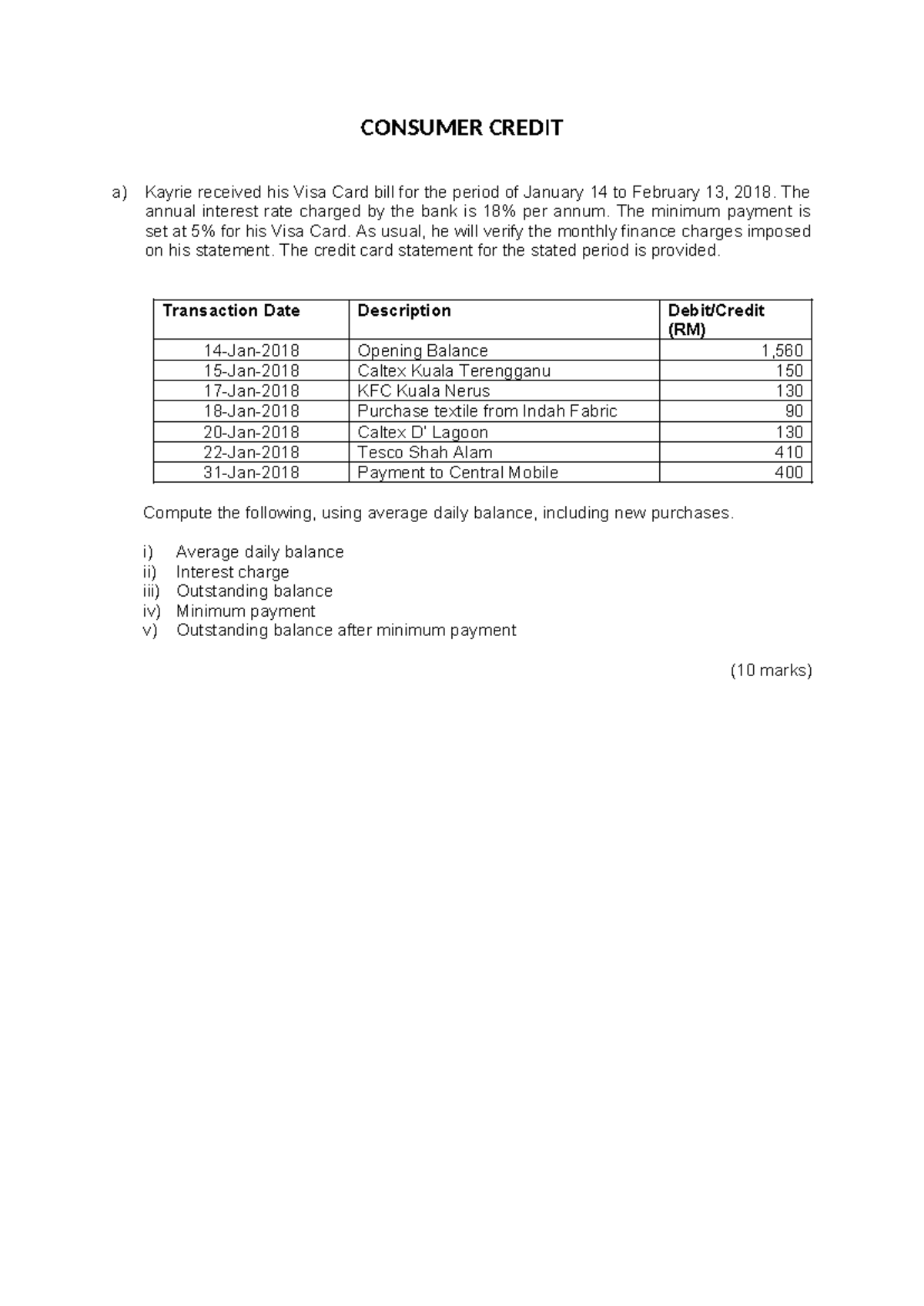 Example Consumer Credit Question - CONSUMER CREDIT a) Kayrie received ...