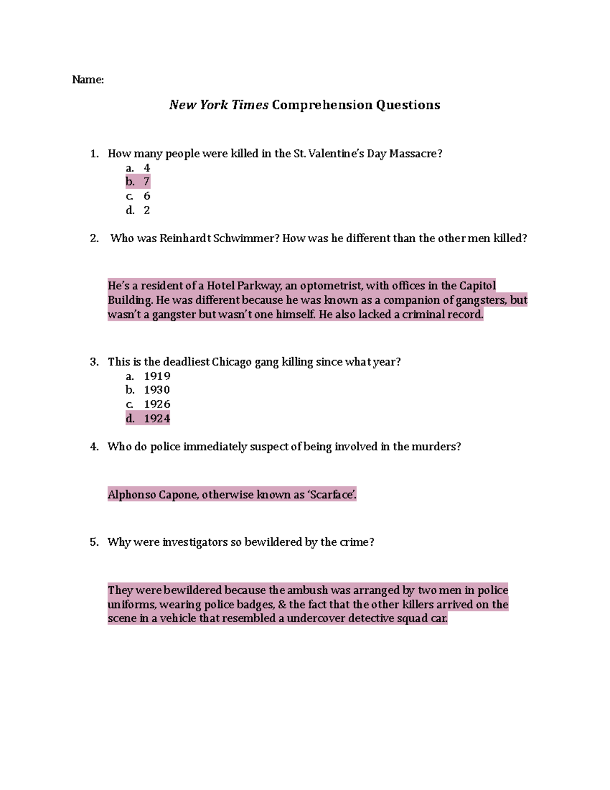 New York Times Comprehension Questions - Name: New York Times ...