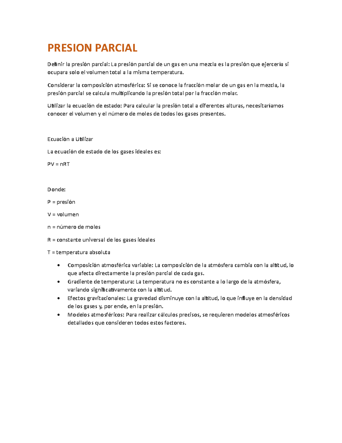 Presion Parcial - APUNTE - PRESION PARCIAL Definir la presión parcial ...