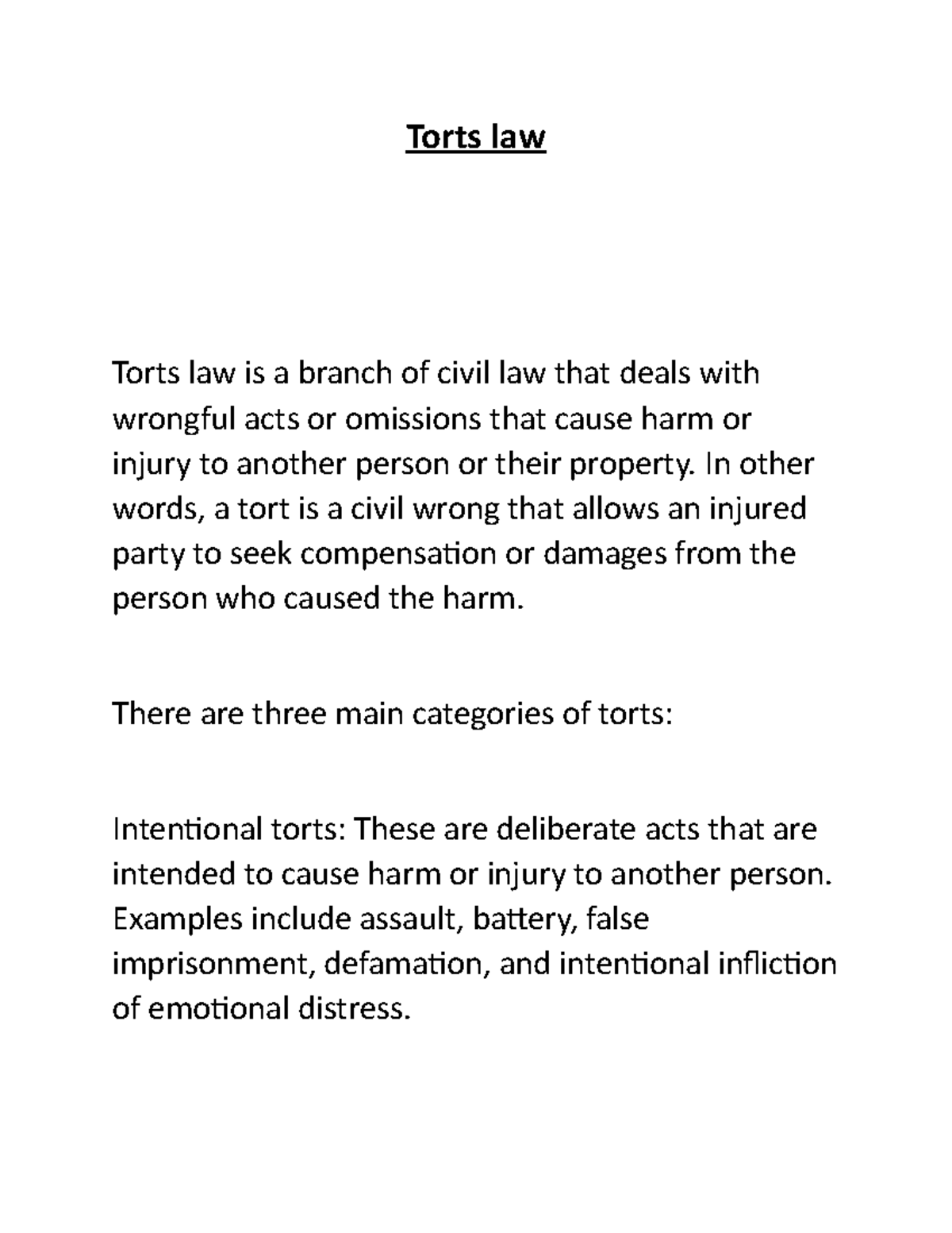 Torts law and rule - Torts law Torts law is a branch of civil law that ...