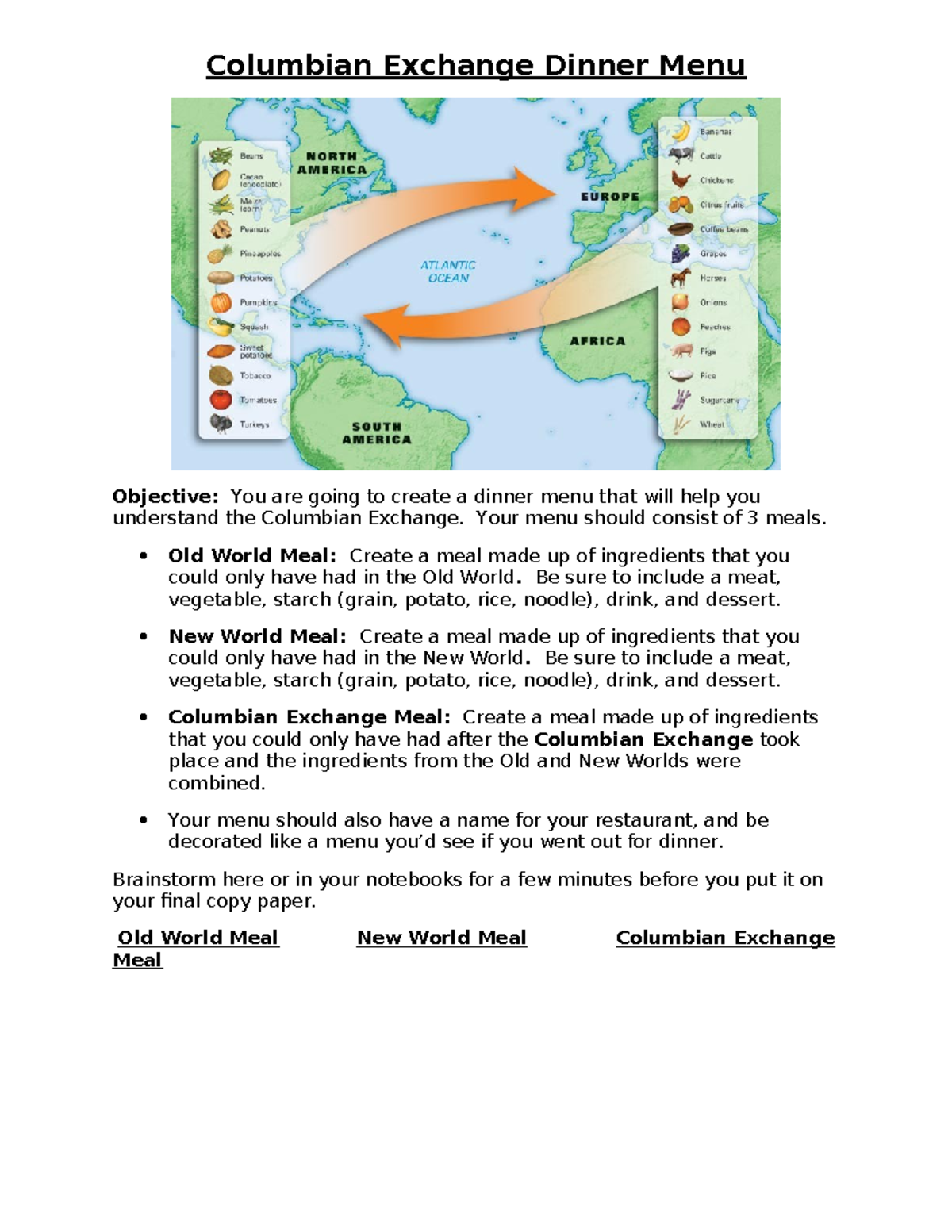 Columbian Exchange Dinner Menu - Columbian Exchange Dinner Menu ...