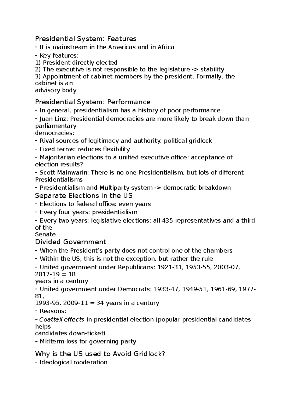 Presidential System - Lecture notes Notes on political sciences ...
