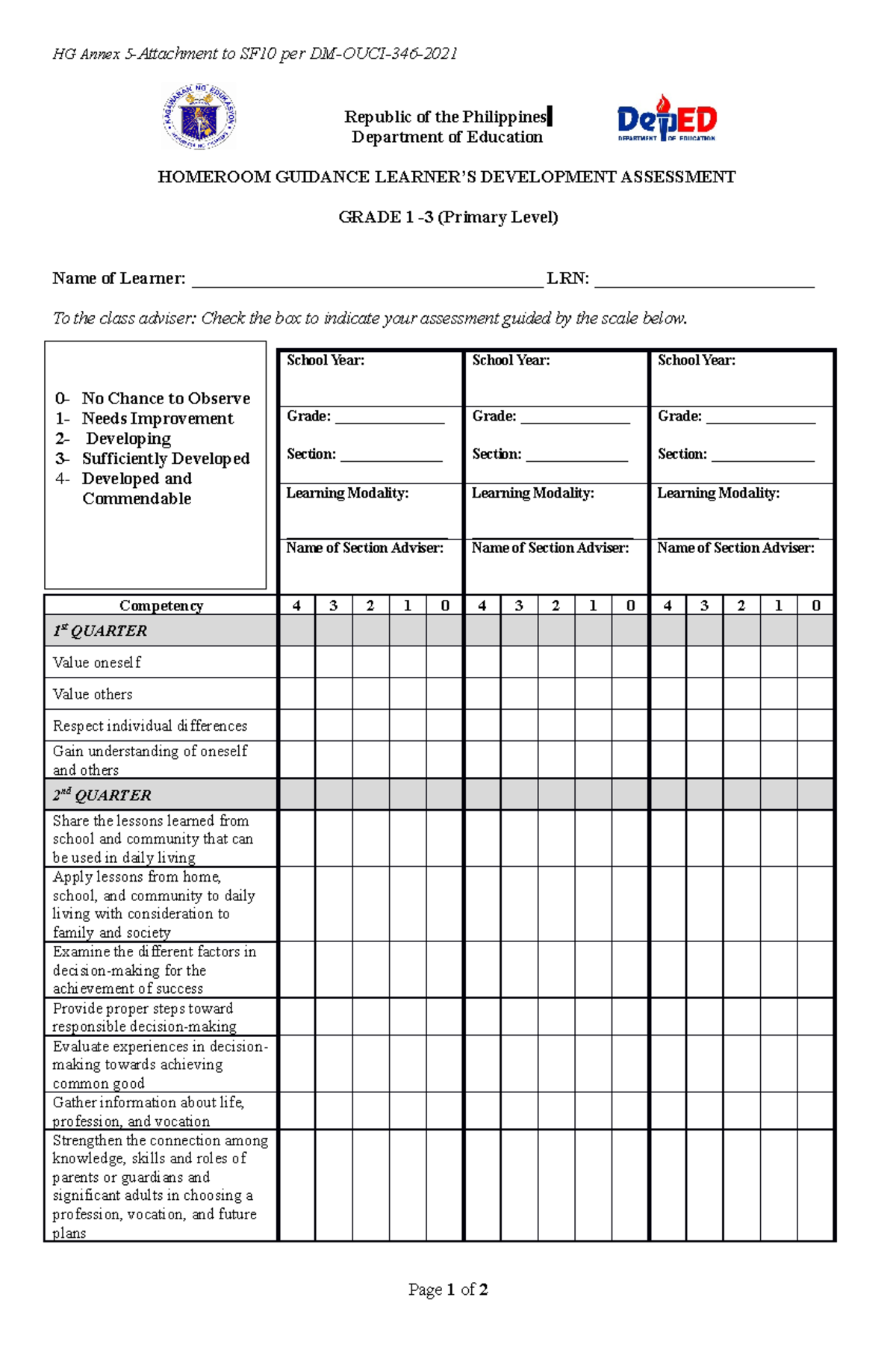 2 SF10 Proposed Primary Level G1 3 HG Assessment Template - HG Annex 5 ...